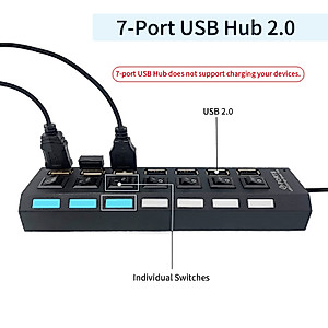 7-Port USB Hub 2.0, USB Hub USB Splitter with Individual Switches for Laptop, Computer, Keyboard and Mouse, USB Devices (Black)