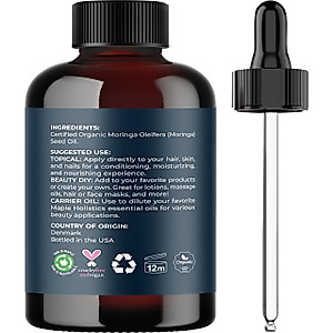 Organic Moringa Oil for Hair and Skin - Cold Pressed Virgin Unrefined Natural Pure USDA Organic Hair Oil for Dry Damaged Hair and Ultra Hydrating Face Oil - Carrier Oil for Essential Oils Mixing