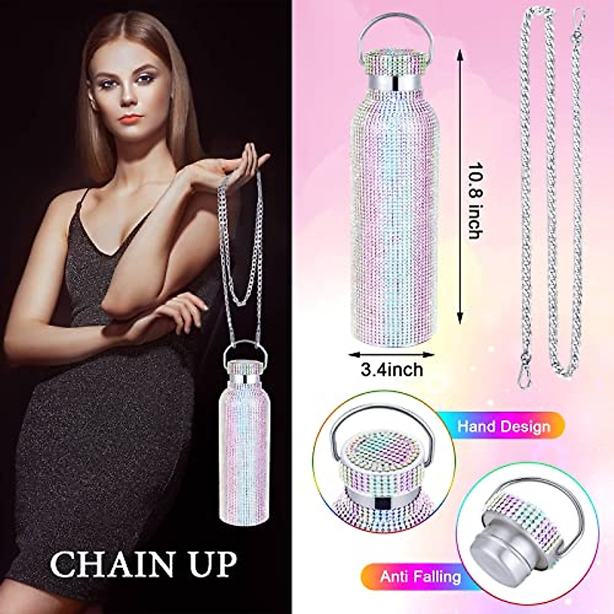 Rtteri 3 Pcs Rhinestone Water Bottle AB Color Diamond Glitter Tumbler Insulated Bling Tumbler with Chain Bling Cup with Lids Stainless Steel Rhinestone Tumbler Diamond Thermal Mug Set for Women Girl