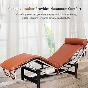 Patio Lounge Chair, Le Corbusier LC-4 Lounge Recliner Replica with Genuine Leather and Headrest, Adjustable Chair for Pool Side Outdoor Yard Lawn (Light Brown)