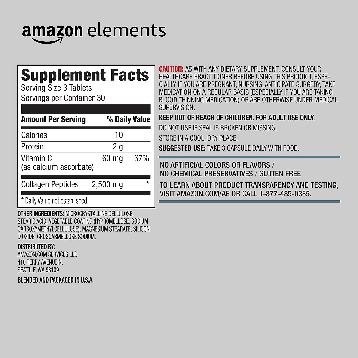 Amazon Elements Collagen Peptides + Vitamin C, 2500 mg Collagen Peptides per Serving, 90 Tablets, 1 Month Supply