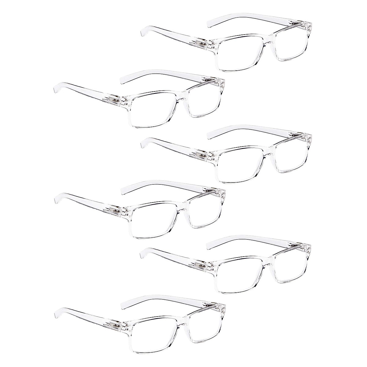 LUR READING GLASSES 6 Pack Spring Hinge Comfort Plastic Readers (Clear)