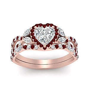 CaratYogi Heart Halo Bridal Ring Set 14k Rose Gold Plated Created Ruby Heart shape Red color Wedding Ring Sets pave Setting in Size 7 Minimal Modern Design Birthday Gift Wedding Gift