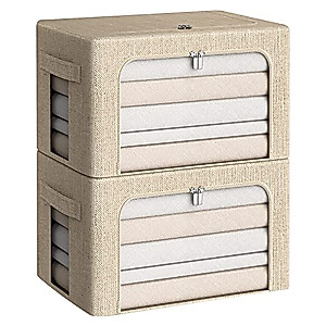 Clothes Storage Bins Box - Linen Fabric Foldable Stackable Container Organizer Set with Clear Window & Carry Handles & Metal Frame - 2Pack Large Capacity for Bedding, Blankets, Toys, Books (Beige, Medium-36L)