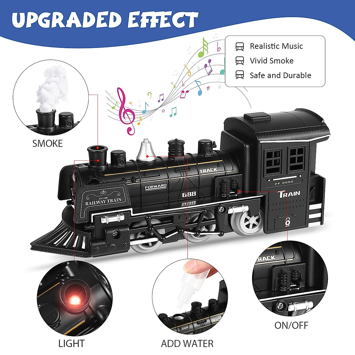 TOYANDONA Electric Train Set, Steam Locomotive Engine Toy Train Set Battery Powered Electric Railway Train Set with Lights and Sounds for Kids