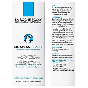 La Roche-Posay Cicaplast Hand Cream, Instant Relief Moisturizing Hand Lotion for Dry Hands, Shea Butter Lotion for Dry Cracked Hands, Non Greasy, Fragrance Free, 1.69 Fl Oz (Pack of 1)