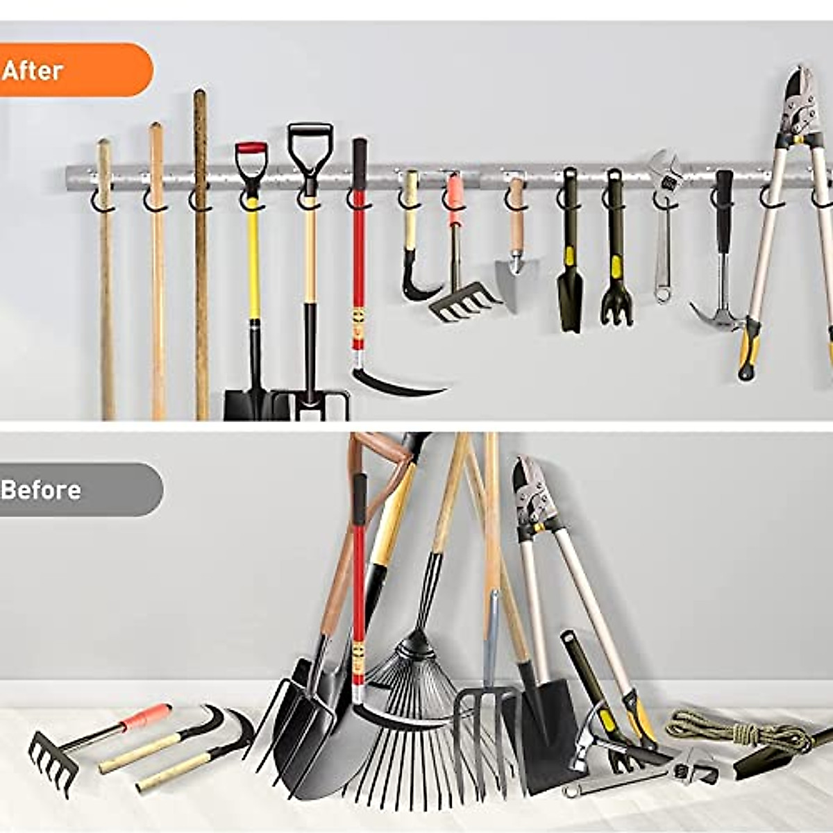 WALMANN All Metal 64 Inch Wall Mount Garden Tool Organizer for Garage, Mop and Broom Holder, Yard Tool Storage Rack for Rake, Shovel, Spade, Mop, Broom, Wall Mount Storage Organizer(4 Rails, 16 Hooks)