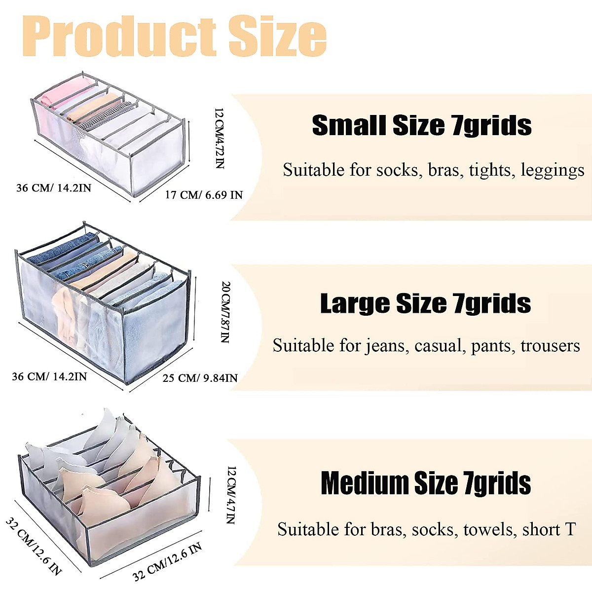 3PCS Washable Wardrobe Clothes Organizer,7 Grids Foldable Visible Closet Organizer Clothes Drawer Mesh Separation Box for T-shirt,Legging,Skirts,Jeans,Kid Clothes