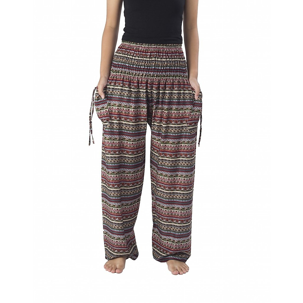 Lannaclothesdesign Harem Pants Women High Waist Bohemian Yoga Pants with Pockets - Boho Hippie Clothes (L, Brown Green Paisley)