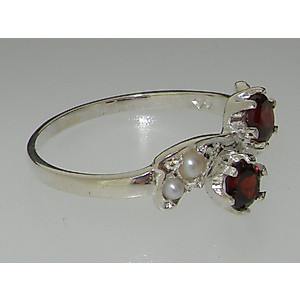 LetsBuyGold 925 Sterling Silver Natural Garnet and Cultured Pearl Womens Band Ring - Sizes 4 to 12 Available