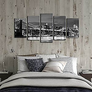 Wieco Art New York Brooklyn Bridge Canvas Wall Art Night View 5 Panels Modern Landscape Artwork Canvas Prints Abstract Pictures to Photo Canvas Wall Decor for Home & Office Decorations