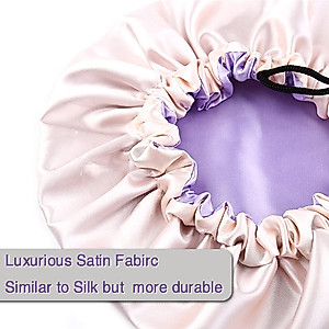 greatremy Kids Satin Bonnet Sleep Cap,Double Layer Soft Elastic Baby Satin Natural Hair Bonnets with Adjustable Drawstring for Girl Boy Infant Toddler Child Sleeping (Reversible Champagne/Purple)