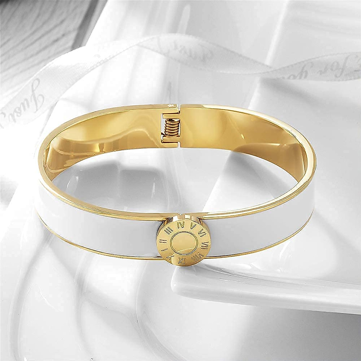 CIUNOFOR Enamel Bracelet for Women Vintage Pop-Art Colorful Cuff Bangle Stainless Steel Gold Plate Tone Wide Band Handmade for Unisex Adult Jewelry (Moonstone)