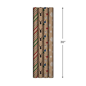 Hallmark Recyclable Christmas Wrapping Paper for Kids with Cut Lines on Reverse (4 Rolls: 88 sq. ft. ttl) Kraft Brown with Christmas Lights, Deer, Snowflakes, Red, Green, Blue Stripes