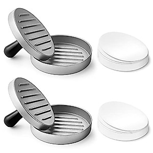 Leonyo 2 Pack Hamburger Press Patty Maker with 240Pcs Wax Patty Papers, 4.6" Aluminum Non-Stick Burger Patty Press Mold, Griddle Round Hamburger Patty Maker for Beef Veggie BBQ Grilling, Silver