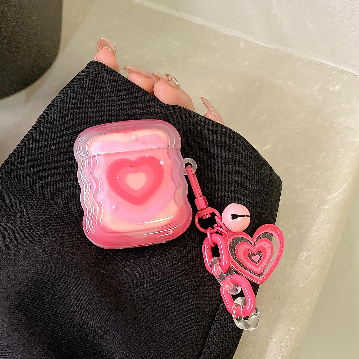 Srddty Compatible with AirPods Case Cute, Wave Design Shockproof Protective Airpod Case Cover for Girls Women with Keychain Designed for AirPods 1st & 2nd Generation, Pink Heart