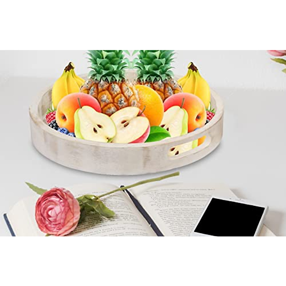 Winlay Decorative Coffee Table Tray, Set of 2 White, Wooden Round Serving Tray for Living Room, Wood Ottoman or Side Table, Charcuterie Board Cheese Platter, Fruit Baskets, White Distress, 12x12x1.5