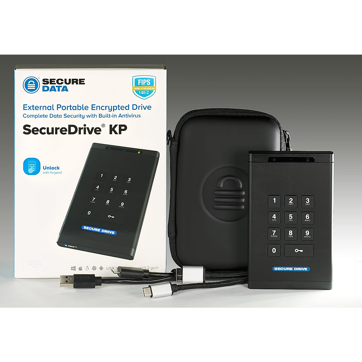 SecureData SecureDrive KP 250GB SSD Hardware Encrypted USB 3.0 External Drive FIPS 140-2 Level 3 Unlock via Keypad TAA Compliant, CJIS, HIPAA, CMMC, GDPR Compliant, Works with Mac and Win Free AV