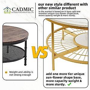 Round Coffee Table for Living Room, Modern Coffee Table with Sun Shape Circle Open Storage,Marble Wooden Tabletop and Sturdy Metal Frame, White and Gold 35.5