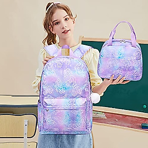 CAMTOP School Backpack for Girls Teens Bookbag Set Kids Backpack 3 In 1,School Bags with Lunch Box Pencil Case for Age 6-14 (Butterfly-Luminous)