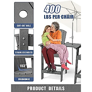 MARVOWARE Tall Adirondack Chairs Set of 2, Balcony Chair with Connecting Tray, 27.6 Inch Seat Height Outdoor Barstools, HDPE Plastic Patio Stools with Umberlla Hole Outdoor Patio Lawn
