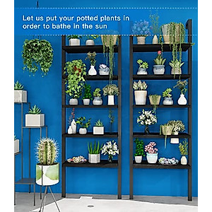 DKLGG 5-Tier Book Shelf Rack Against The Wall, Tall Ladder Shelf Wooden Bookcase Metal Frame Storage Plant and Flower, Single Standing Bookshelf Ladder ​for Living Room, Bedroom, Balcony, Home Office