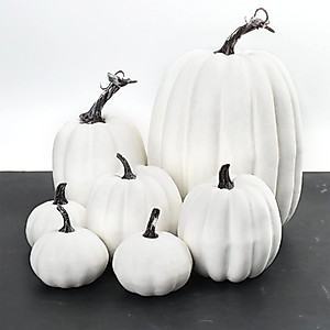 7Pcs Halloween Artificial Pumpkin Halloween Foam Pumpkin Faux Fall Harvest Pumpkins Thanksgiving or Halloween Decoration (White, 7Pcs)