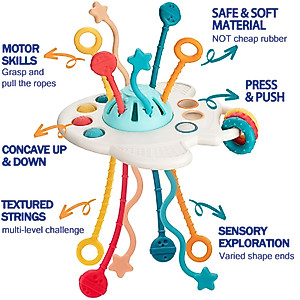 Baby Toys 6 to 12 Months, 5 In 1 Montessori Toys for 1 Year Old, Incl Travel Pull String Toy & Shape Sorter & Stacking Baby Block & Soft Infant Ring & Sensory Ball for Toddler 0-3-6-9-12 Month