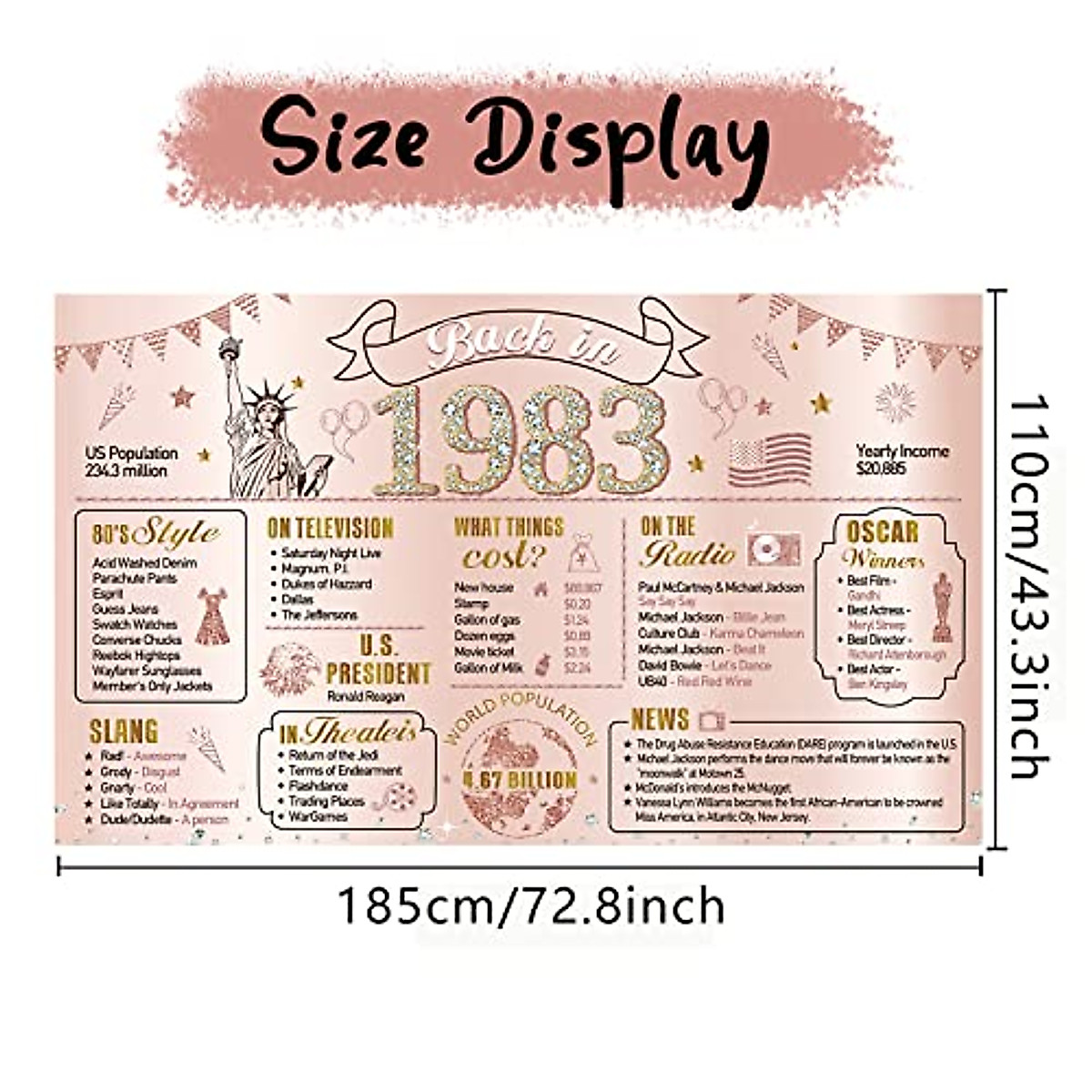 Large 40th Birthday Banner Backdrop Decoration for Women, Rose Gold Back in 1983 Happy 40th Birthday Background Sign Party Supplies, Pink Happy 40 Years Old Birthday Photo Props for Indoor Outdoor