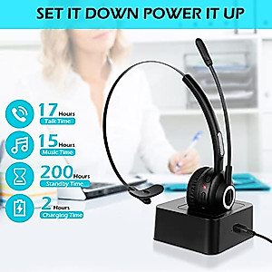 Heroanky Bluetooth Headset, Car Wireless Headset with Microphone Charging Base, Trucker Bluetooth Headset V5.0 Noise Canceling Hands Free Headphone for Home Office Call Center Skype
