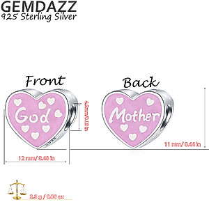 Pink Enamel God Mother Heart Charms, fits Pandora Mom Bracelet, 925 Sterling Silver Godmother Motherly Love Goddaughter Beads, Gift for Christmas/Godmom/Thanksgiving/Daughter