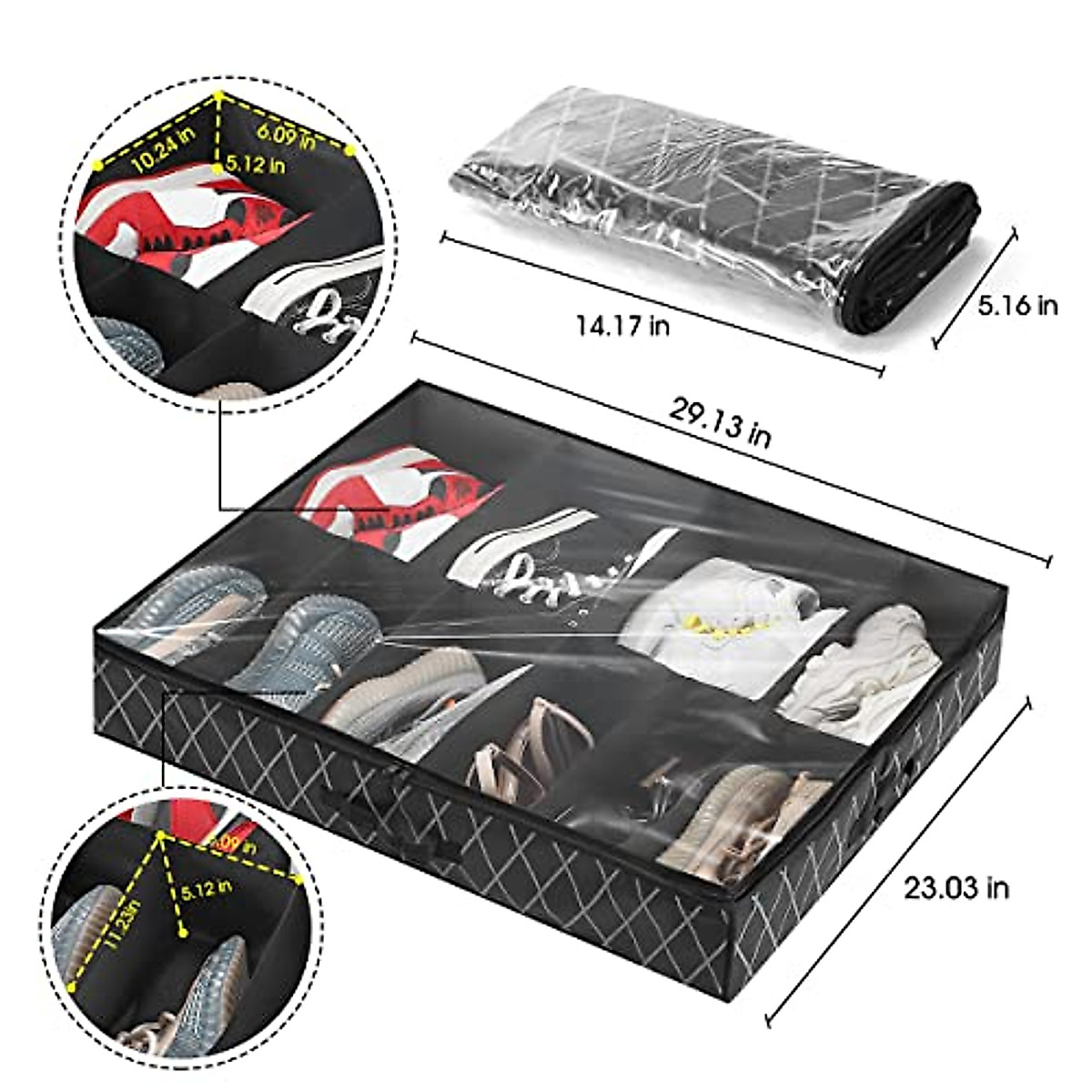 BAYUTE Under Bed Shoe Storage Organizer - 2 Pack Set with Zipper and Handle, Transparent Window, Foldable Non Woven Shoe Organizer (BLACK)