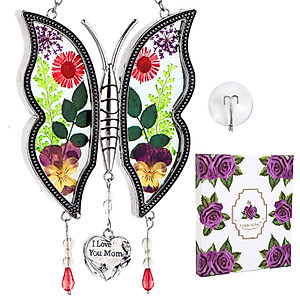 Gift for Mom Butterfly Suncatcher Mom Birthday gift I Love You Mom, Real flower glass handmade Mom Garden window decoration Mom Mother's Day Valentine's Day Birthday