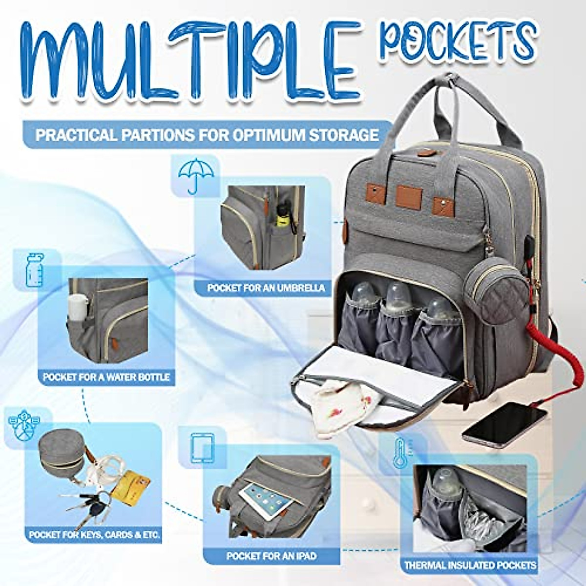 Mowaysers Diaper Bag with Changing Station – Diaper Bag Backpack Baby Changing Station – Multifunction Waterproof Diaper Backpack with Pacifier Case, Stroller Straps – Comfortable and Modern (Red)