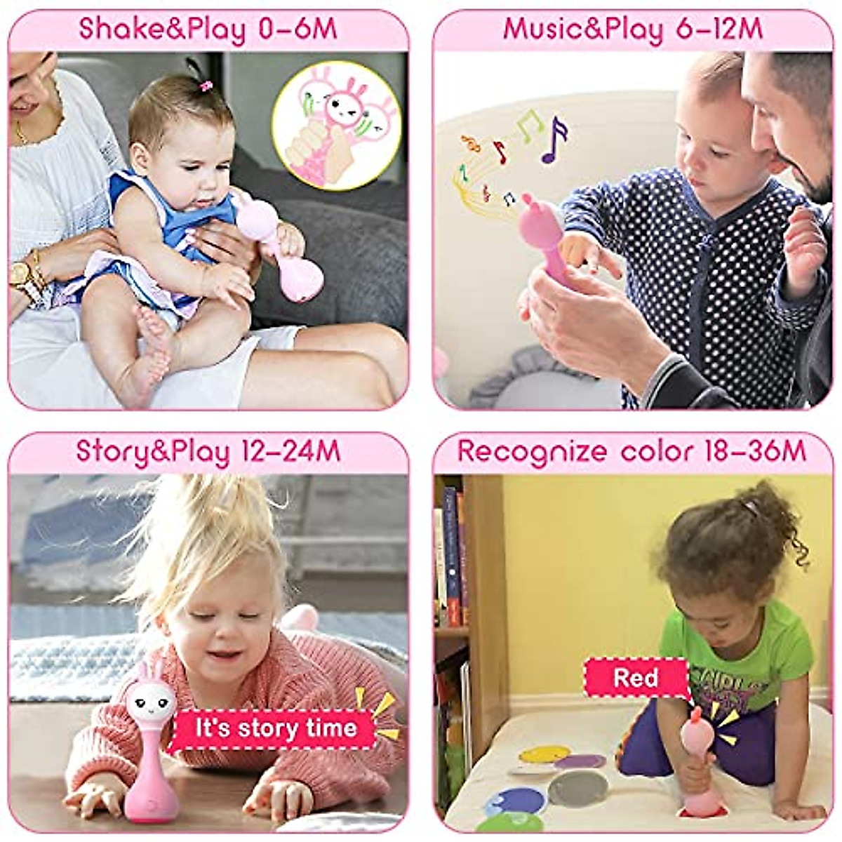 Alilo Bunny Baby Rattle Shaker and Teether Toys,Electronic Rattle Infants Toy,9 Kinds of Color Learning and Educational Toys with Music & Light for 0-6-12 Months, Gift for Newborns Girls Boys Toddlers