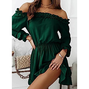 Dokotoo Womens Spring Fashion Long Sleeve Ruffle Off Shoulder Wedding Guest Dresses for Women Elastic Waist A Line Summer Casual Mini Dress Cute Flowy Sexy Party Clothing Green Large