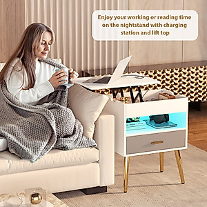 Cyclysio 35'' Nightstands Set of 2 with Reversible Lift Top, Large Night Stand with Lights, Tall Bedside Table with Charging, White Modern Side Table