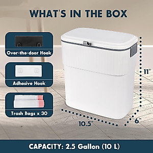 McKay Hanging Kitchen Trash Can with Lid, 30 Trash Bags|2.5 Gallon/10L Compost Bin for Under Sink, Small Trash Can,Food Waste Basket Wall-Mounted Garbage Can for Bathroom/Countertop/RV/Bedroom, White