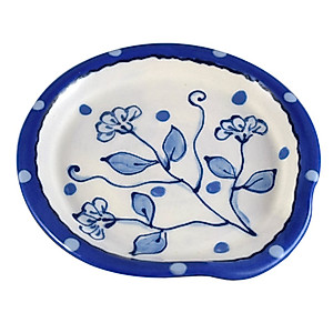 American Made Terracotta Pottery Kitchen Spoon Rest, Delft-Style Wildflower Blue