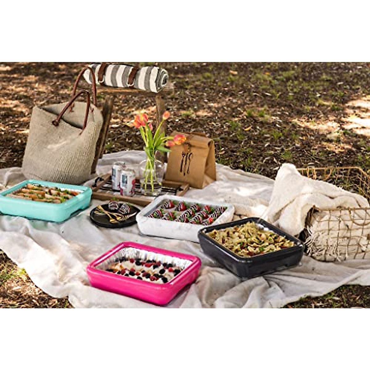 Fancy Panz Classic, Dress Up & Protect Your Foil Pan, Made in USA, Fits Half Size Foil Pans. Foil Pan & Serving Spoon Included. Hot or Cold Food. Stackable for easy travel. (Hot Pink)