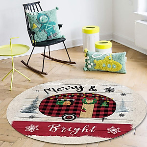 Round Area Rugs Collection 6', Merry Bright Christmas Red Camper Indoor Circular Throw Runner Rug Floor Mat Carpet for Living Room Dining Table Bedroom Nursery Decor Winter Snow Retro Farm Wood Board