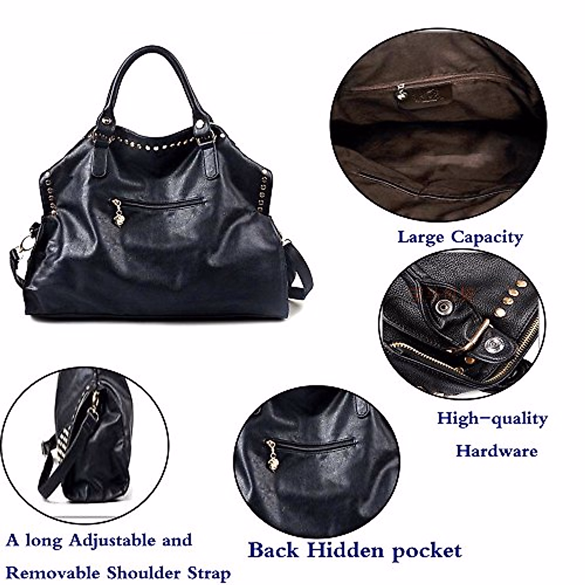 Women LadiesPunk Handbag Purse Middle Size Top Handle Shoulder Crossbody Bag Gold Rivet Satchel Tote Black