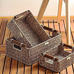 ADO Basics Wicker Basket with Stain Resistant Wooden Handles, Seagrass Wicker Baskets for organizing 14.6"x10.3"x6.2" and 12"x8.3"x5.1" and 9.5"x6.6"x4.1", Set of 3