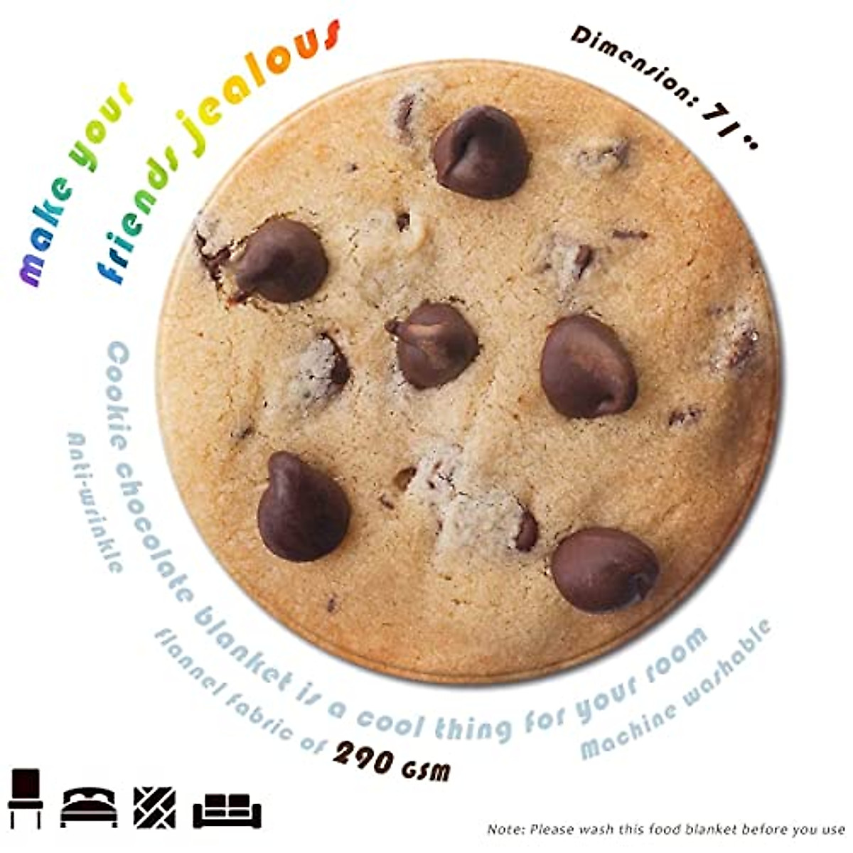 71" Cookie Blanket Throw Blanket - 290GSM Novelty Chocolate Chip Cookie Blanket with Soft Microfiber, Round Cookie Blanket Adult Size for Kids Women Men 1 Pack