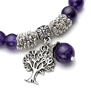 Jovivi 8MM Purple Amethyst Natural Gemstone Healing Crystals Point Life Tree Lucky Charm Stretch Bracelet