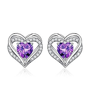Iefil Earrings for Women, 925 Sterling Silver February Birthstone Purple Amethyst Heart Stud Earrings for Women Wife Mothers Day Anniversary Valentines Day Birthday Gifts for Women Jewelry
