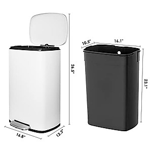 Increkid 13.2 Gallon Trash Can, Stainless Steel Kitchen Garbage Bin with Inner Buckets and Hinged Lid, Rectangular Step on Dustbin, Soft-Close, Airtight for Home Office Bathroom Mall（50 L） (White)