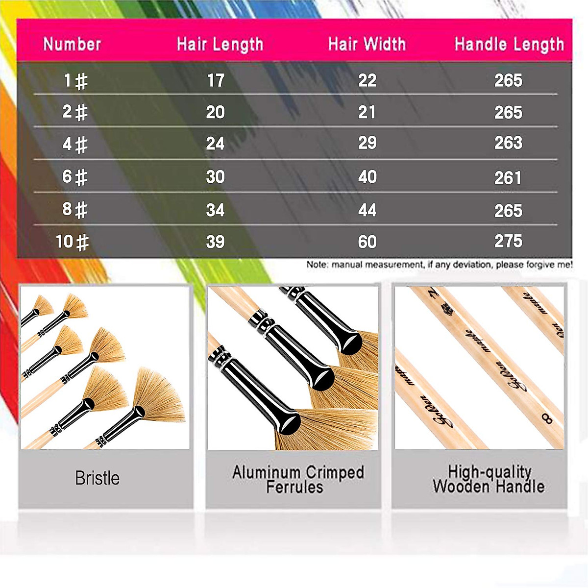 Artist Fan Paint Brush Set of 6, Hog Bristle Natural Hair Anti-Shedding Brush Tips, Long Wooden Handle for Comfortable Holding, Great for Acrylic Watercolor Oil Painting