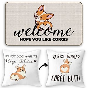 FLDAS Hope You Like Corgis Welcome Door Mat Doormat 17”x30”,It's Not Dog Hair It's Corgi Glitter Reversible Throw Pillow Cover 18”x18”,Set of 1 Pillow Cover 1 Doormat Decor for Home Girls Kids Room