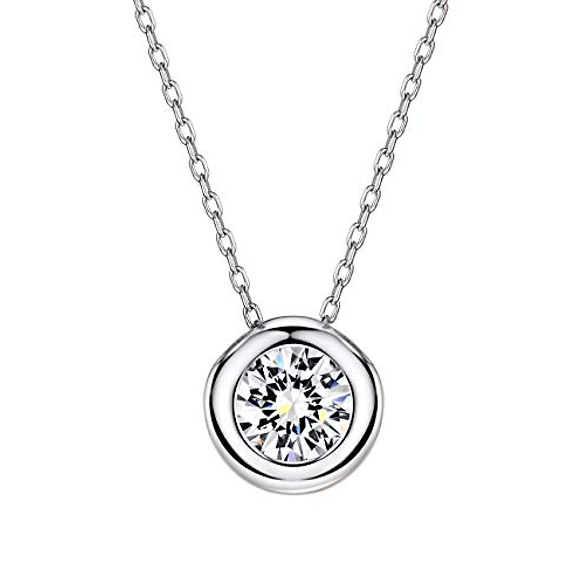 Mints S925 White Gold Plated 1.00 ct (D Color, VVS Clarity) Diamond CZ Bezel-Set Solitaire Sterling Silver Pendant Necklace 16" - 18"